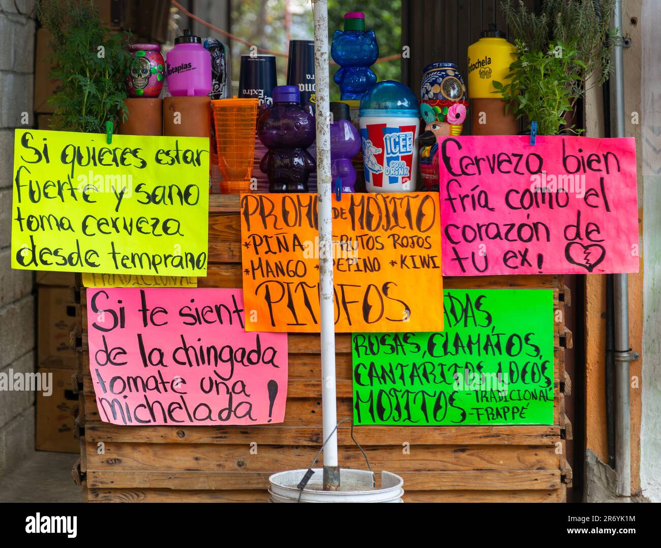 Handwritten paper signs advertising food and drink, Tepoztlán, State of ...