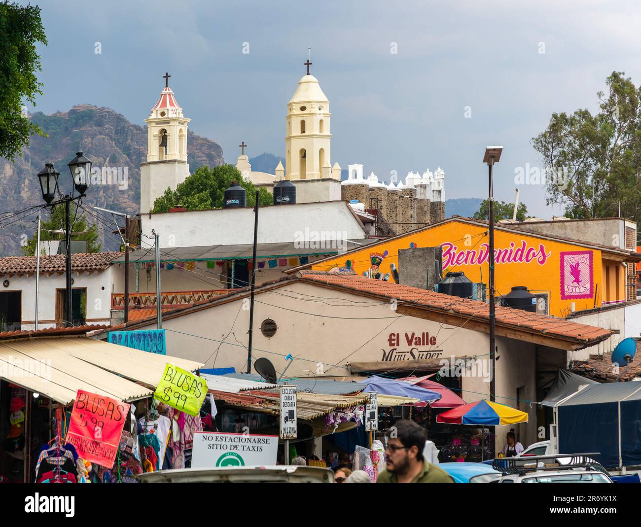 View over street market to historic church Ex Convento Dominico de la ...