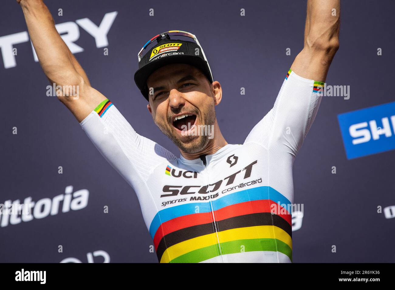 Swiss biker Nino Schurter celebrates after winning the UCI Mountain ...