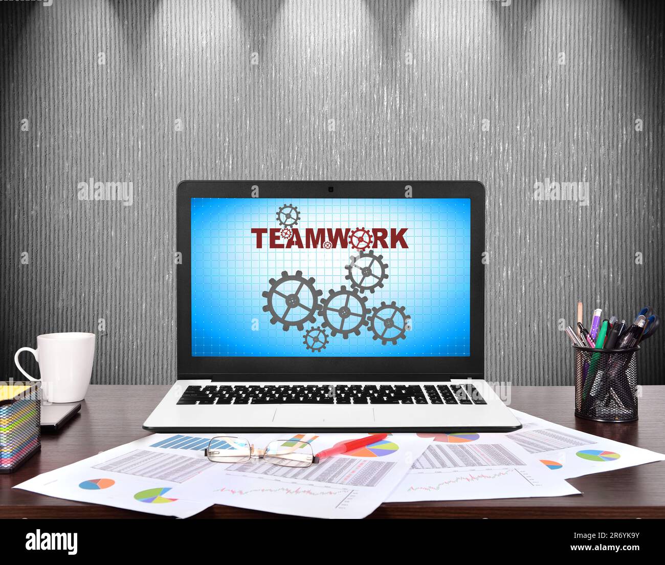 notebook with teamwork symbol on screen, business concept Stock Photo ...