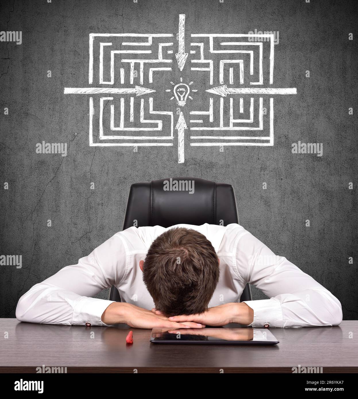 tired businessman and drawing way to success on wall Stock Photo - Alamy