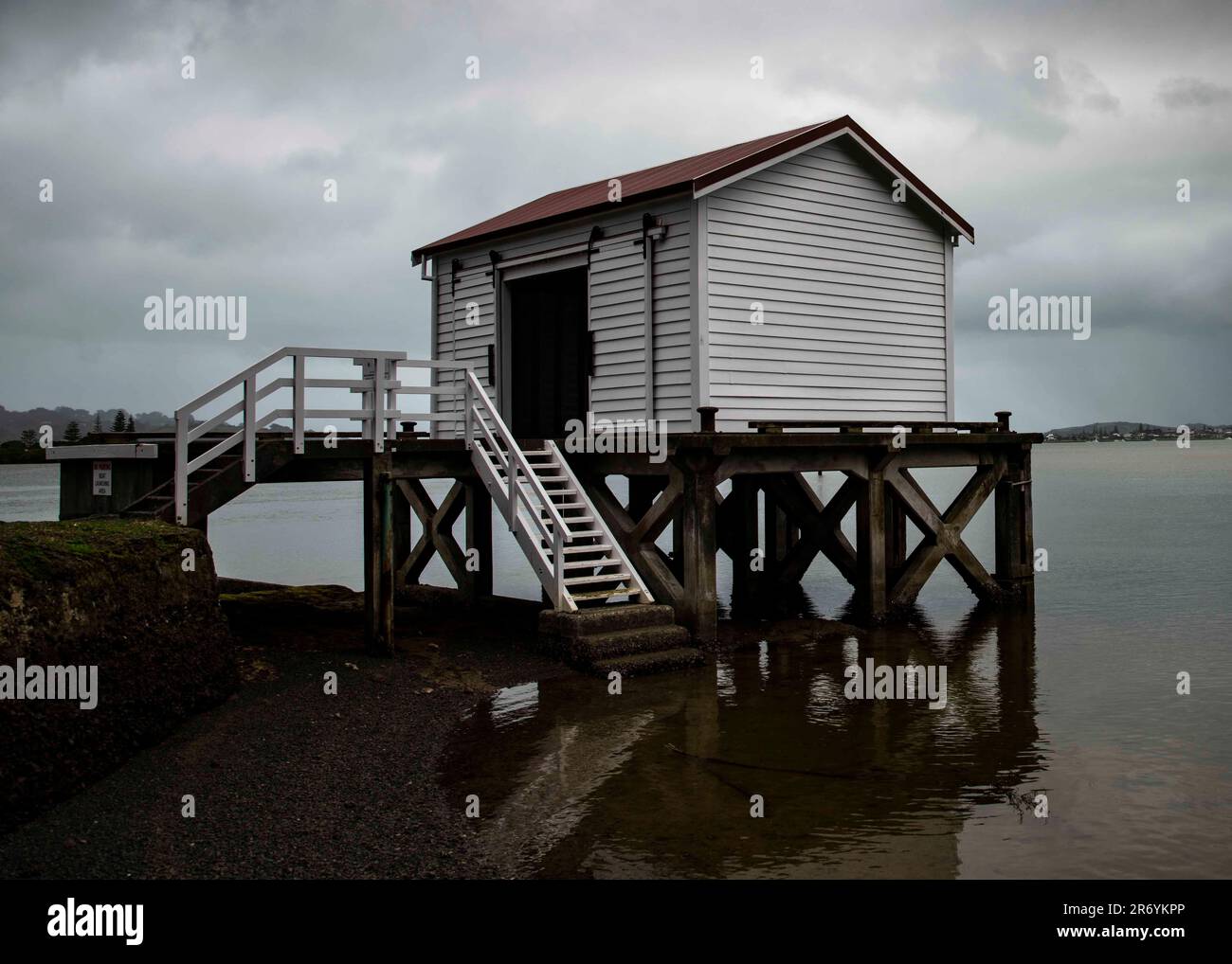 Color image of shed on small wharf Stock Photo - Alamy