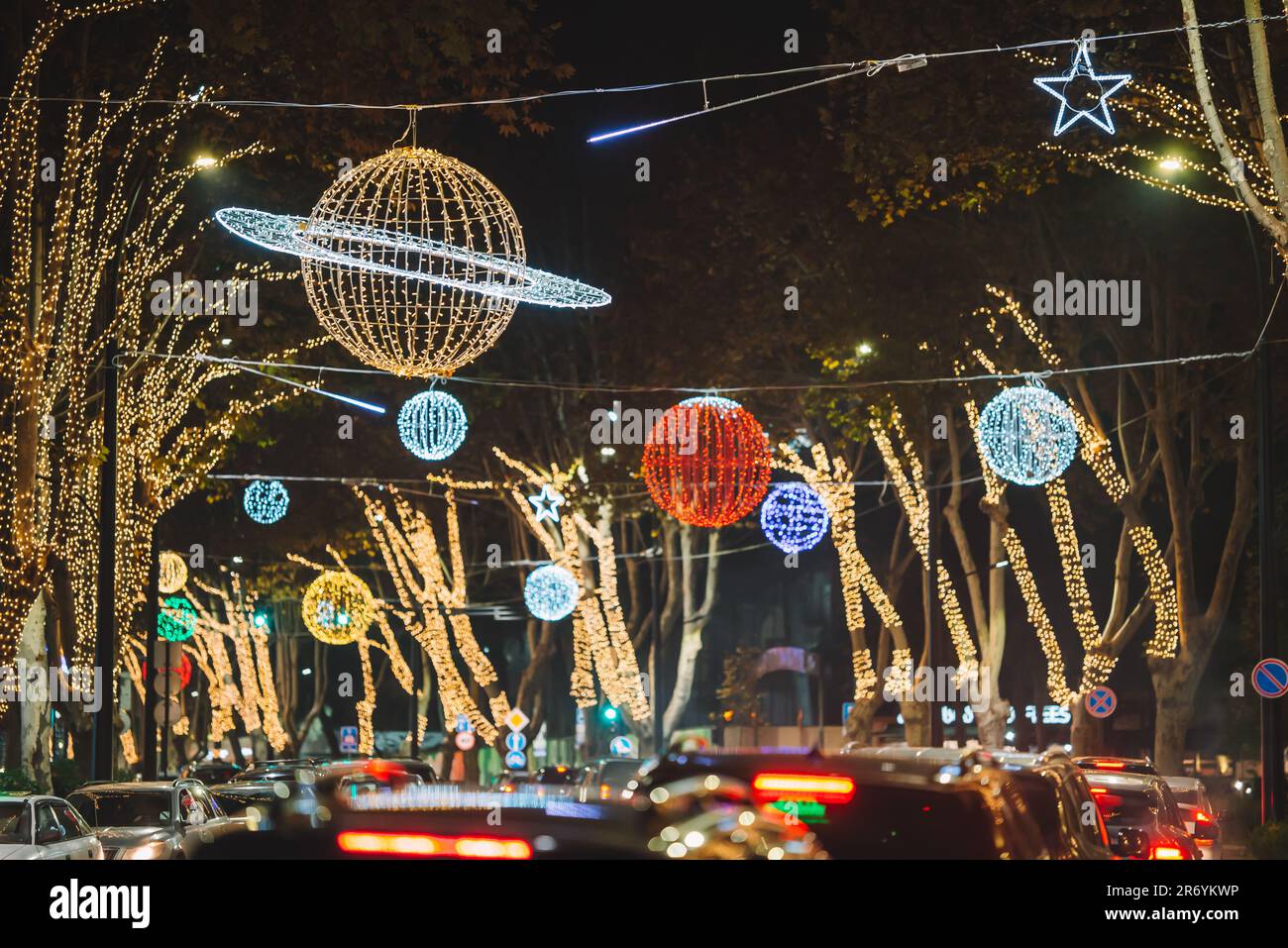 Christmas illuminated decorations in the night street Stock Photo - Alamy