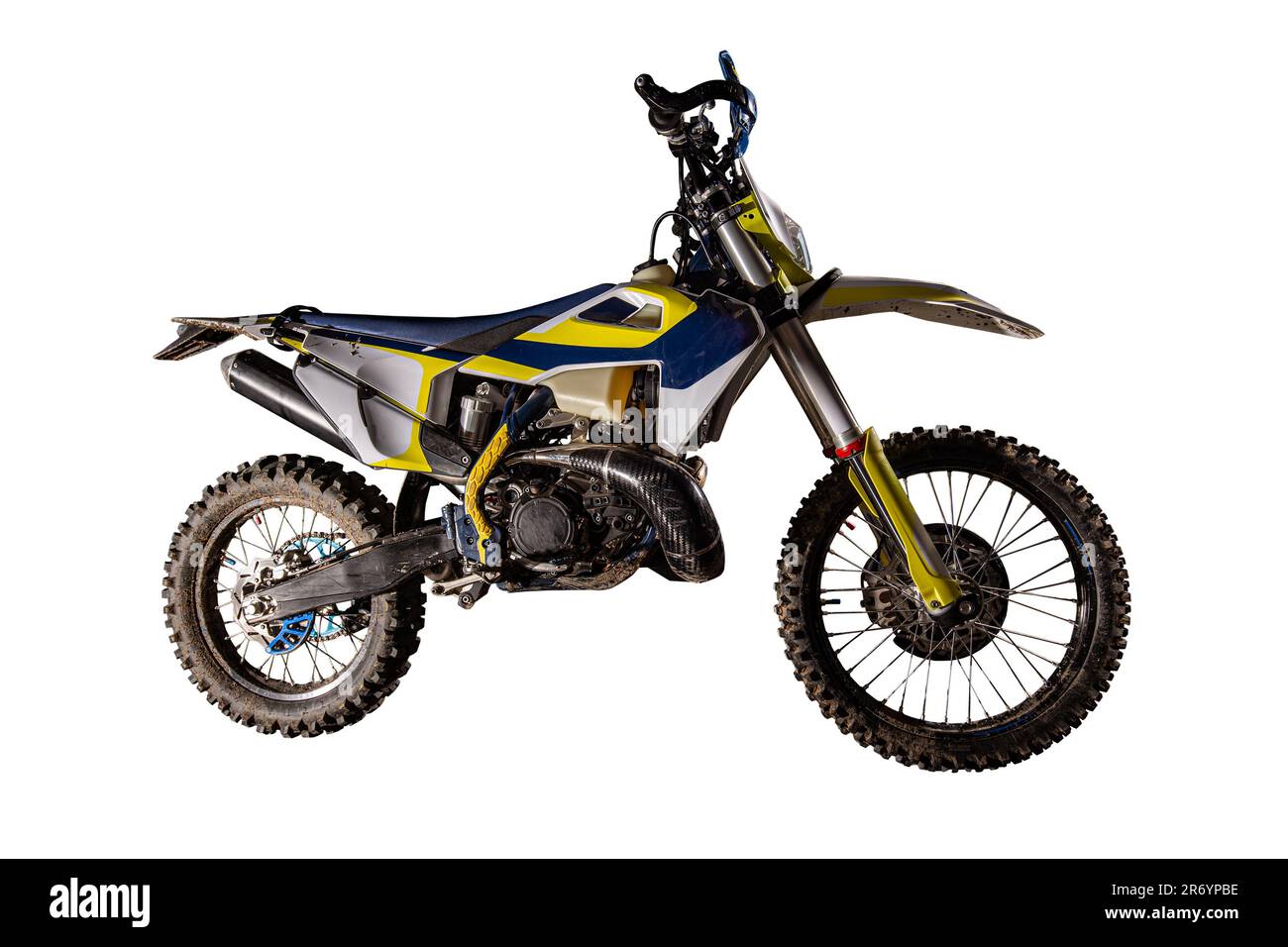 Stylish blue and yellow cross motorcycle on white background Stock ...