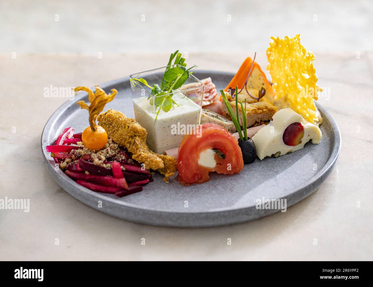 Gourmet appetizer. Beautifully decorated wedding appetizer plate Stock ...