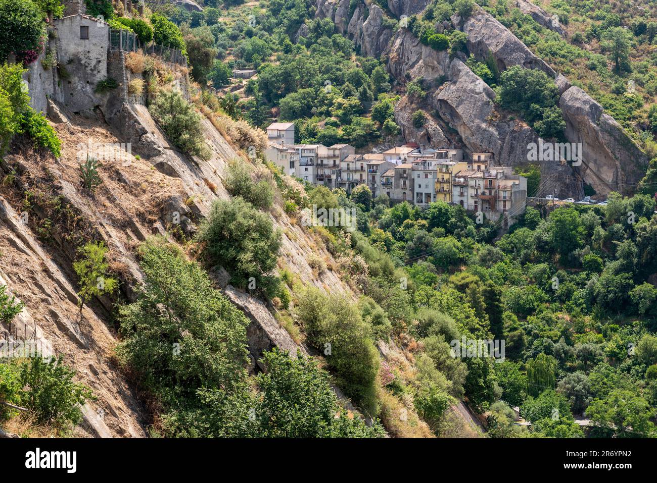 The mountain village of Motta Camastra, near Taormina in Sicily, Italy ...