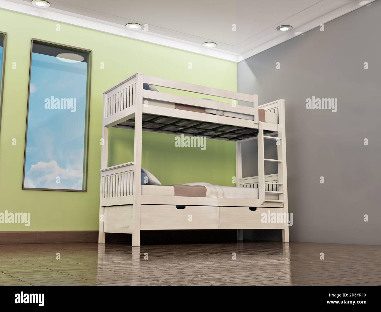 Bunk bed inside the empty room. 3D illustration Stock Photo - Alamy