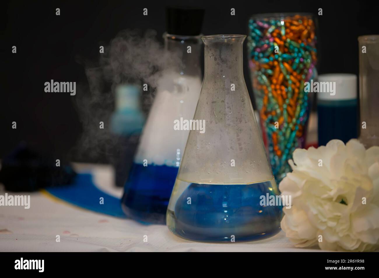 Laboratory flasks with solutions for scientific experiments Stock Photo ...