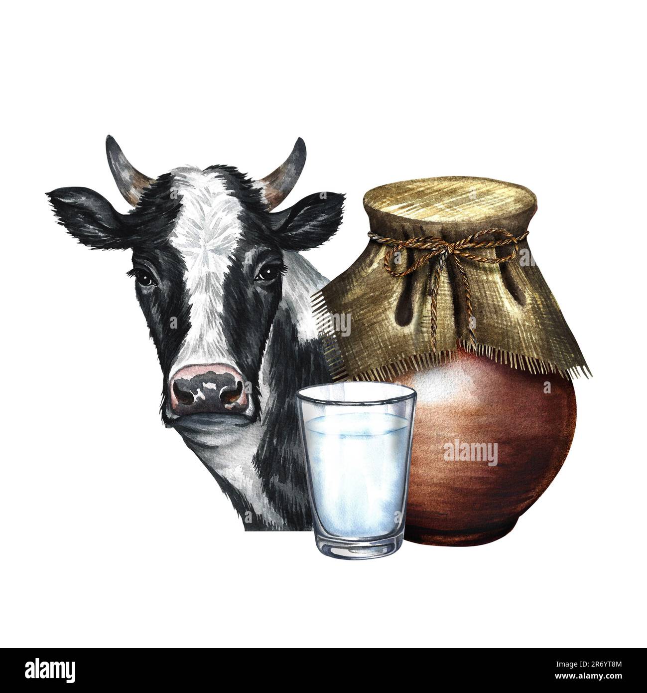 Cow and dairy products in ceramic and glassware. Watercolor hand drawn ...