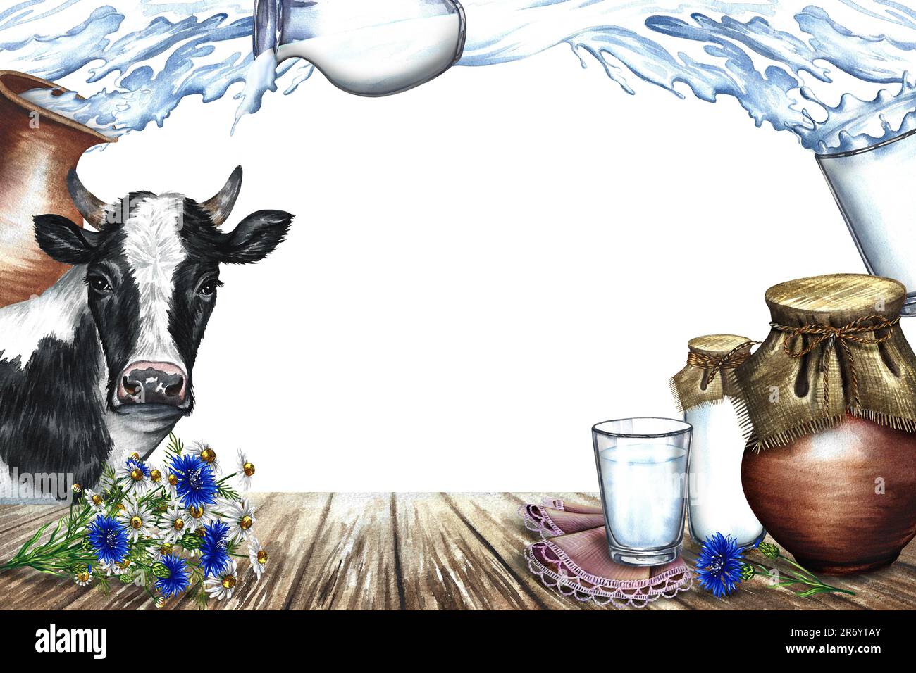 Cow and dairy products in ceramic and glassware on a wooden table. Milk ...