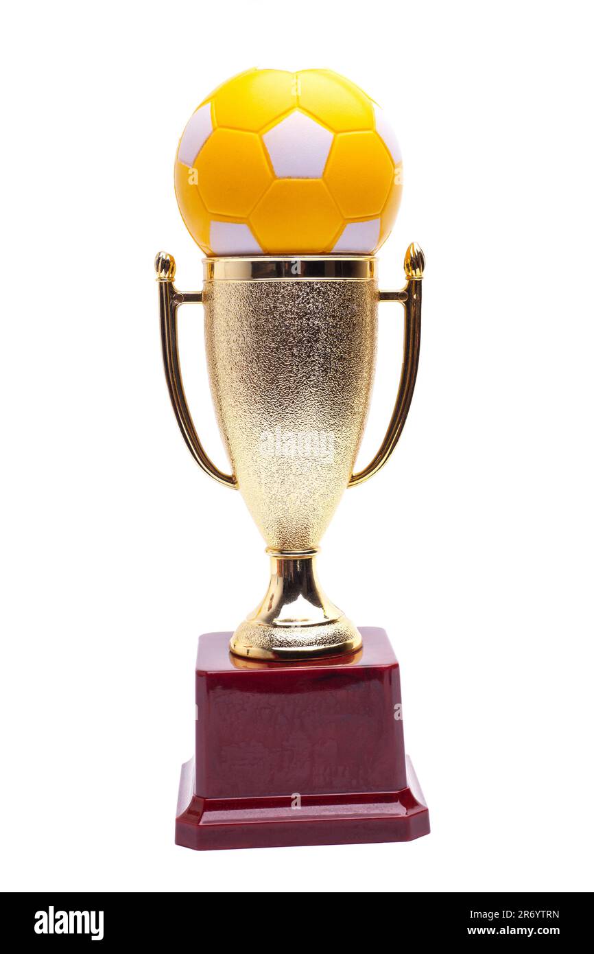 Gold cup with yellow soccer ball isolated on white background Stock ...