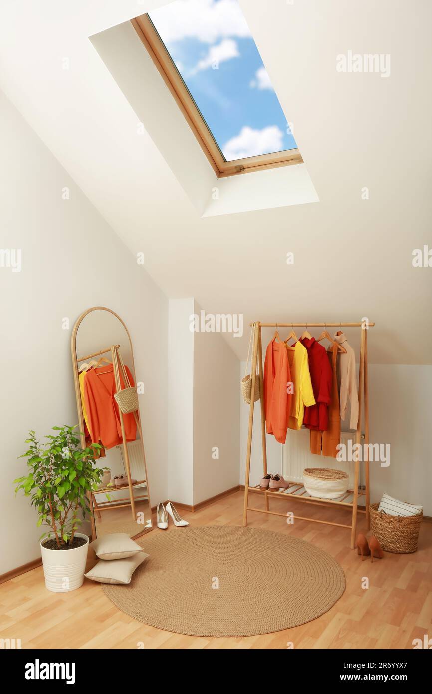 Stylish clothes rack, mirror and houseplant in room. Interior design ...