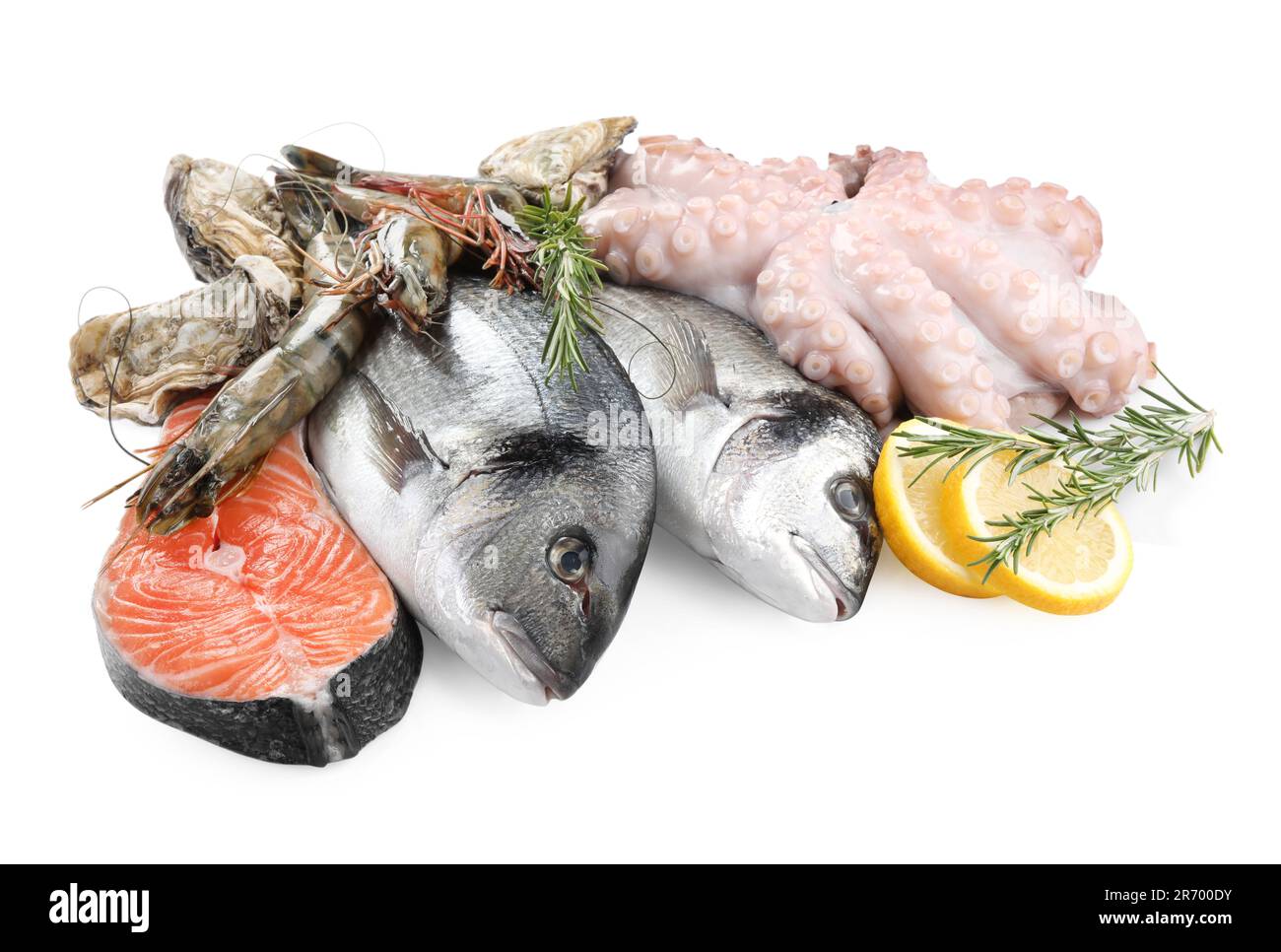 Fresh dorado fish, octopus, shrimps, oyster and salmon on white ...
