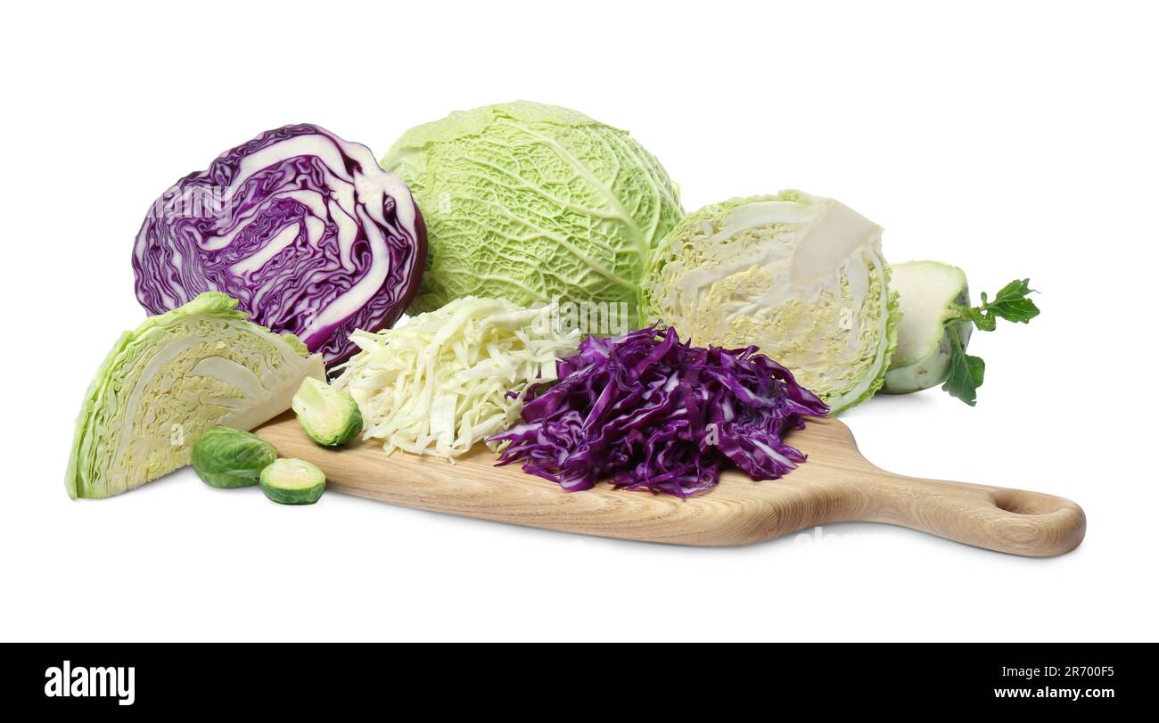 Different whole and cut types of cabbage on white background Stock ...