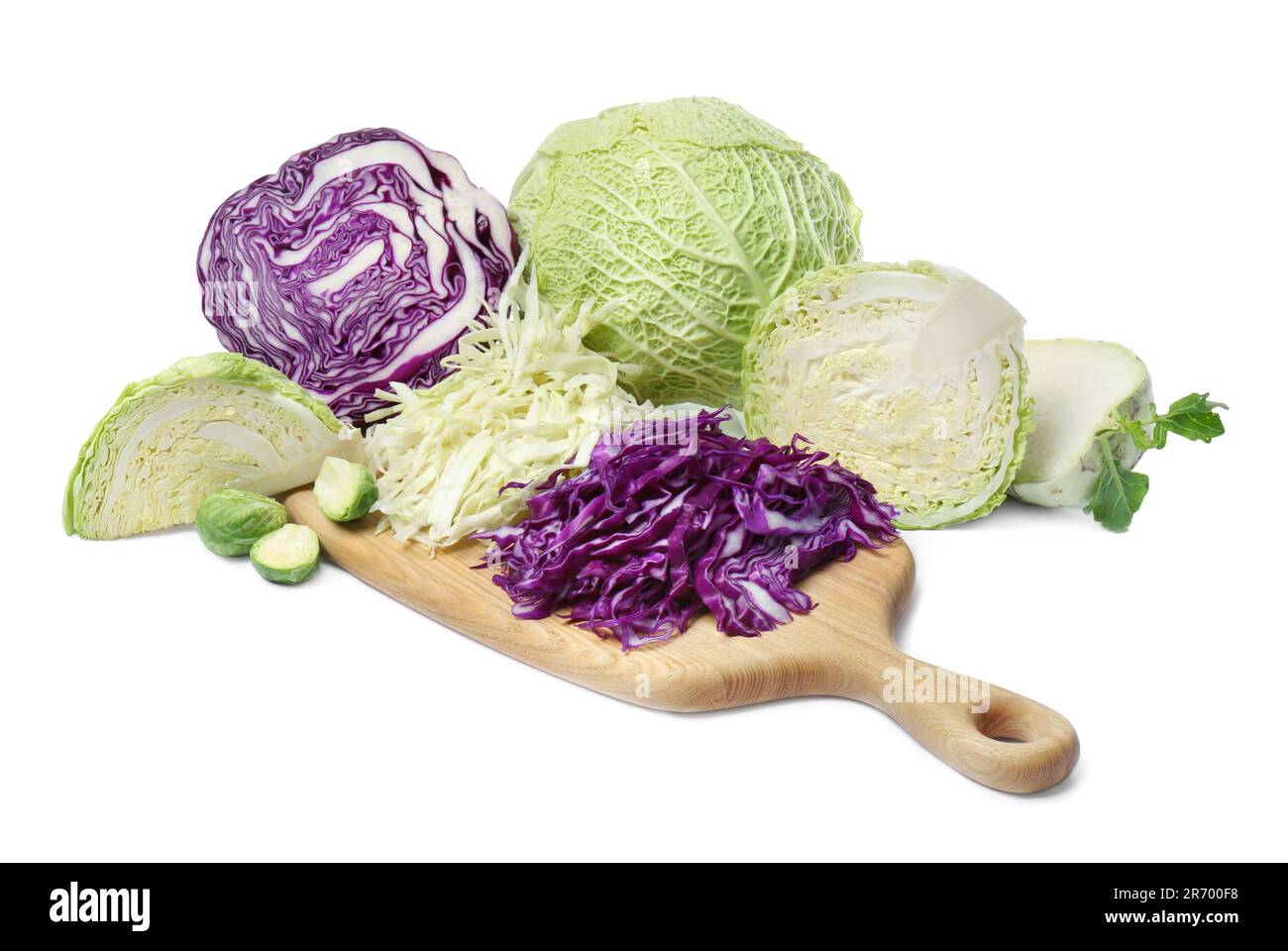 Different whole and cut types of cabbage on white background Stock ...