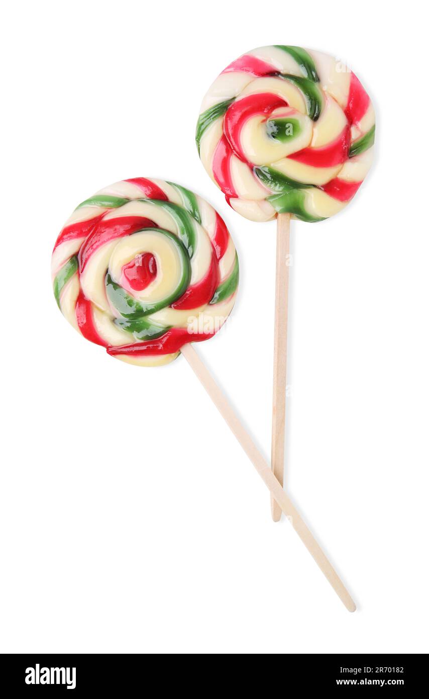 Colorful lollipops on white background, top view Stock Photo - Alamy