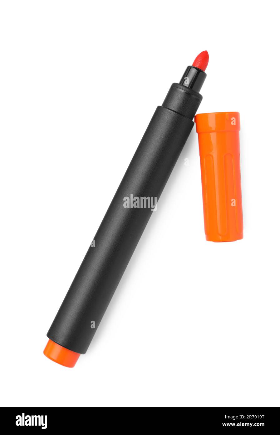 Bright orange marker isolated on white, top view. School stationery ...