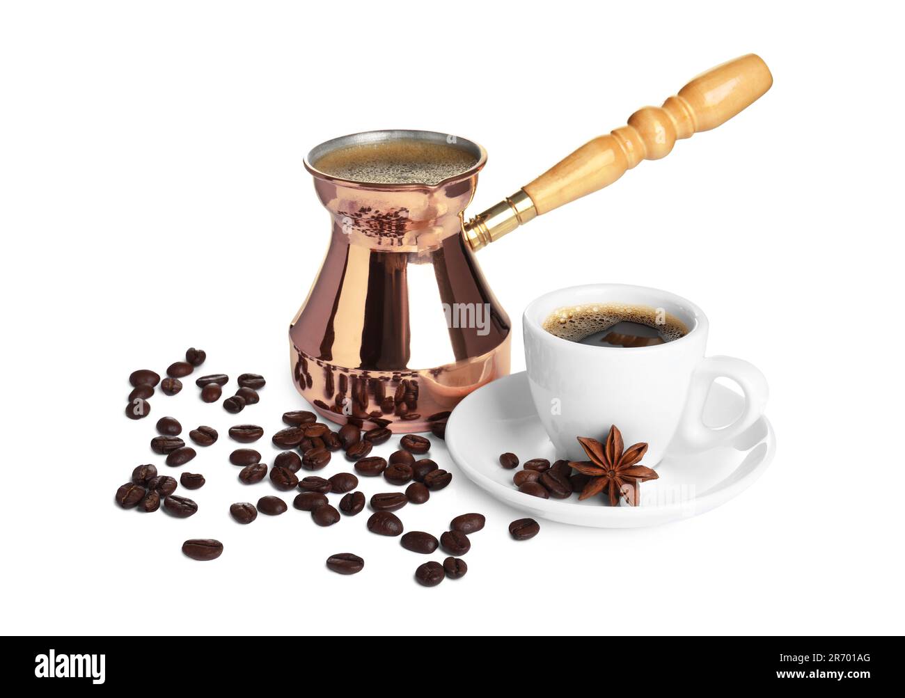 Turkish coffee. Cezve with hot coffee and beans on white background ...