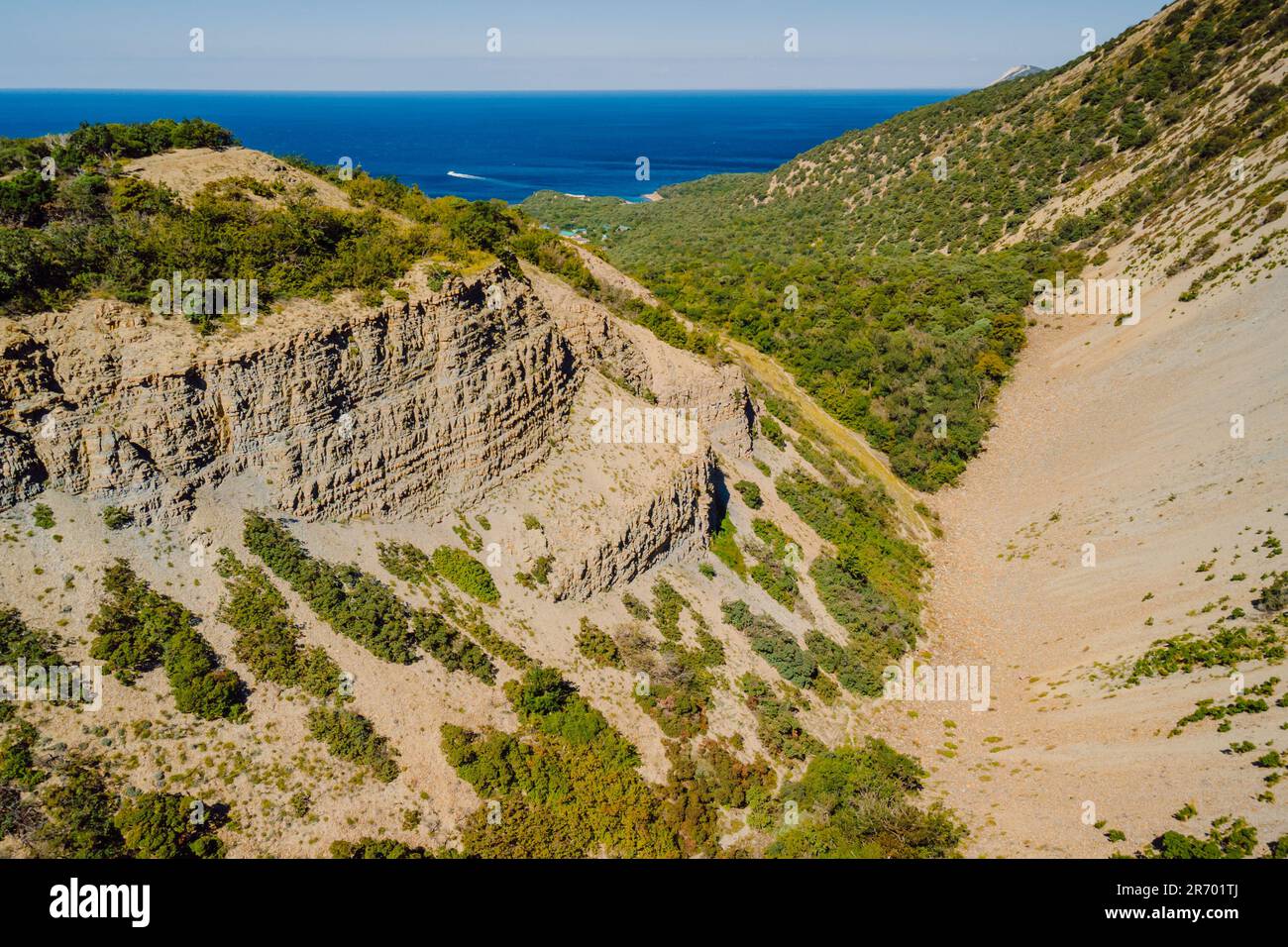 Aerial view of sea coastline with canyon and cliffs in Greece Stock ...