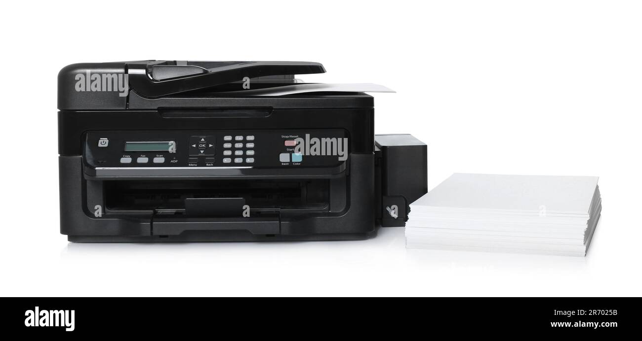 Modern printer and stack of paper on white background Stock Photo - Alamy