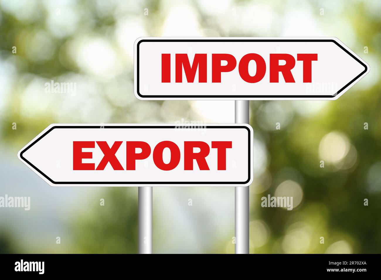 Road sign with Import and Export words on arrows pointing in opposite ...