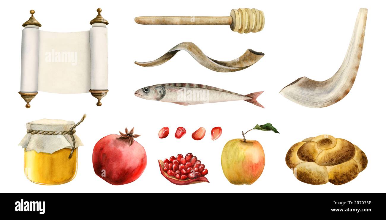 Watercolor Rosh Hashanah illustration set for Jewish New year. Honey ...