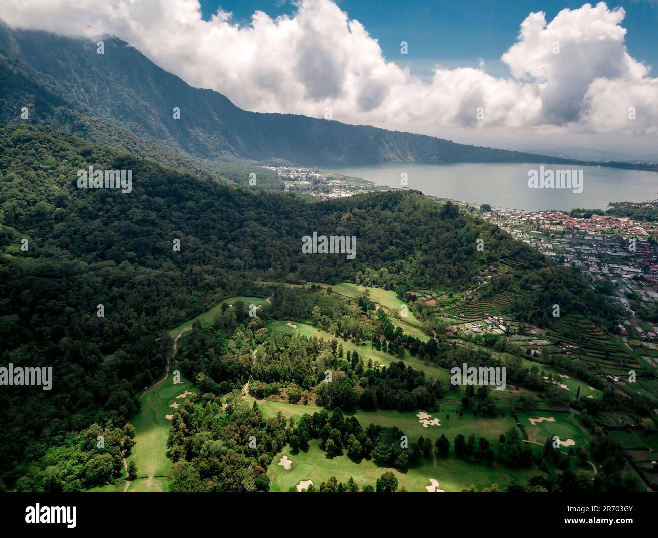 Aerial view of golf course and Beratan lake, Bedugul, Bali, Indonesia ...