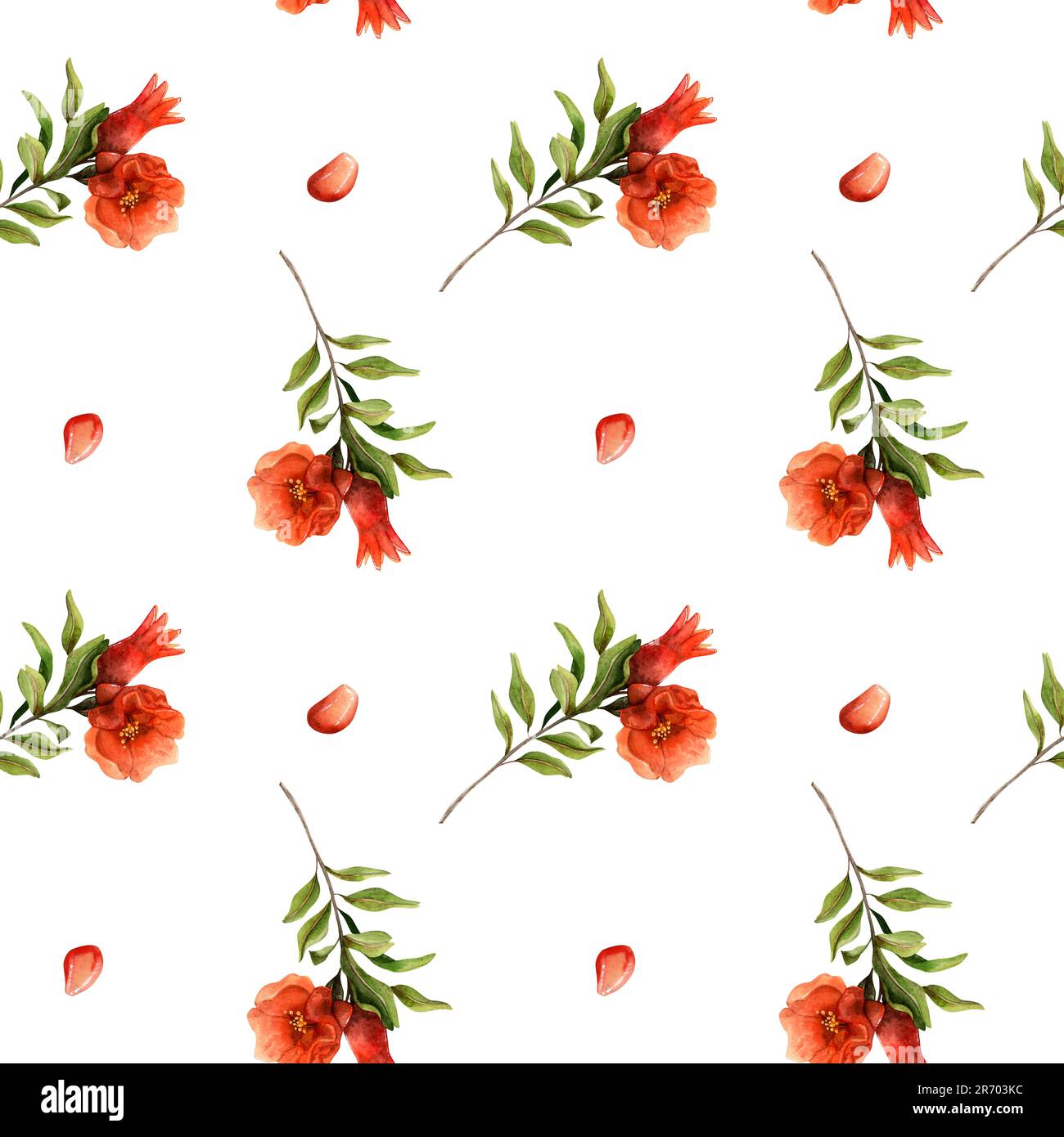 Red pomegranates flowers and seeds watercolor seamless pattern with ...