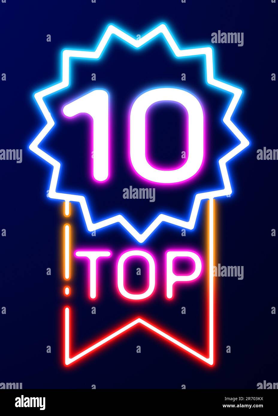 Top ten list. Award rosette with word and number 10 glowing neon sign ...