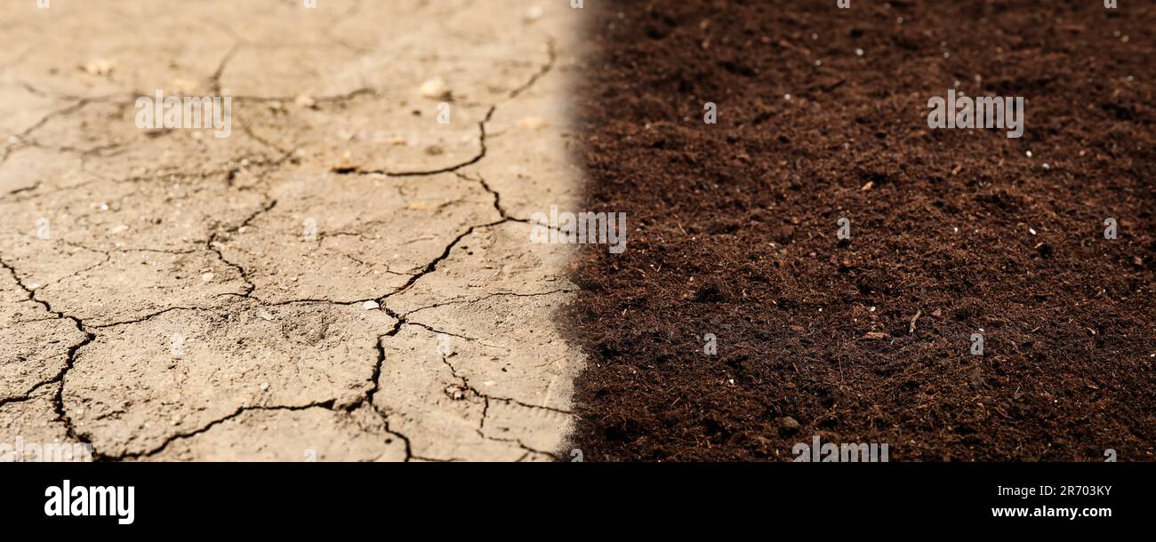 Dry cracked ground and fertile soil, banner design Stock Photo - Alamy