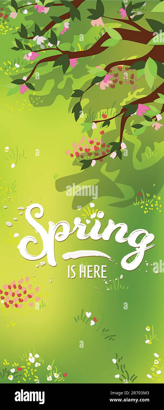 Green grass with flowers under blooming tree and text Spring Is Here ...