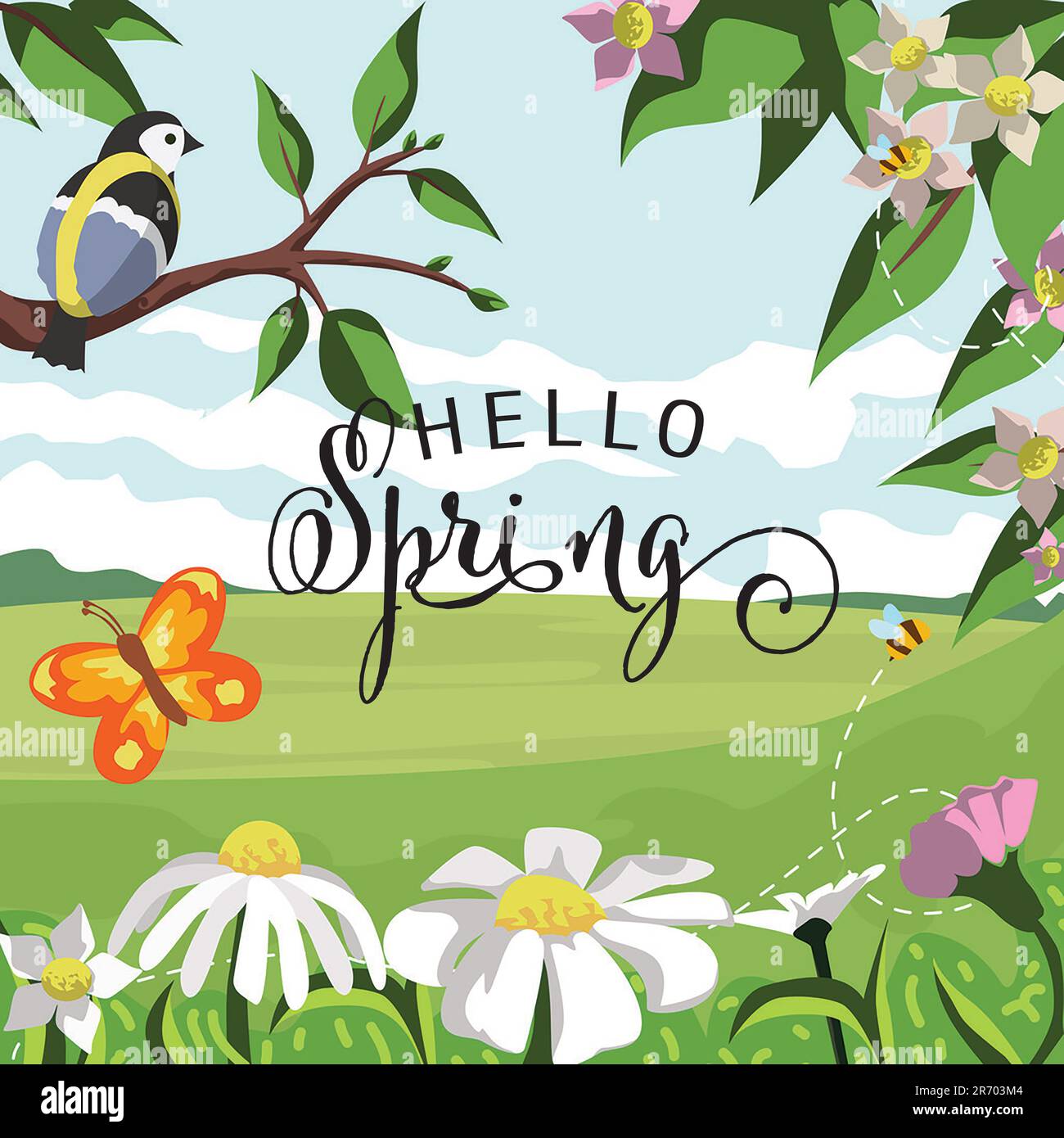 Hello Spring card. Bird sitting on tree branch, while butterfly and ...