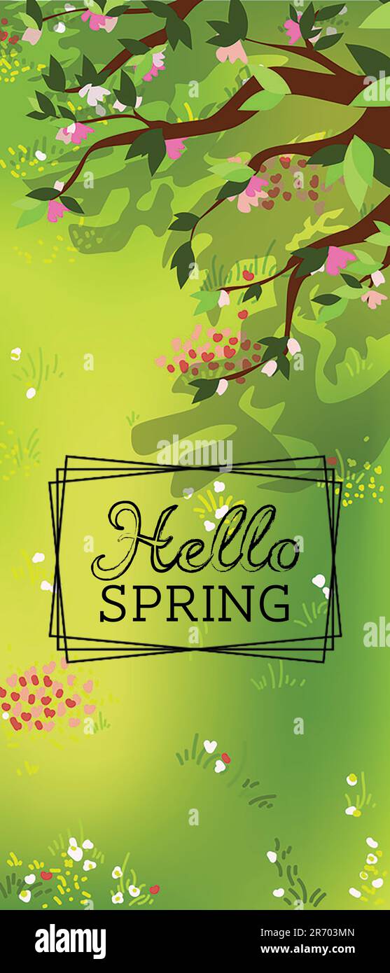 Hello Spring card. Green grass with flowers under blooming tree ...