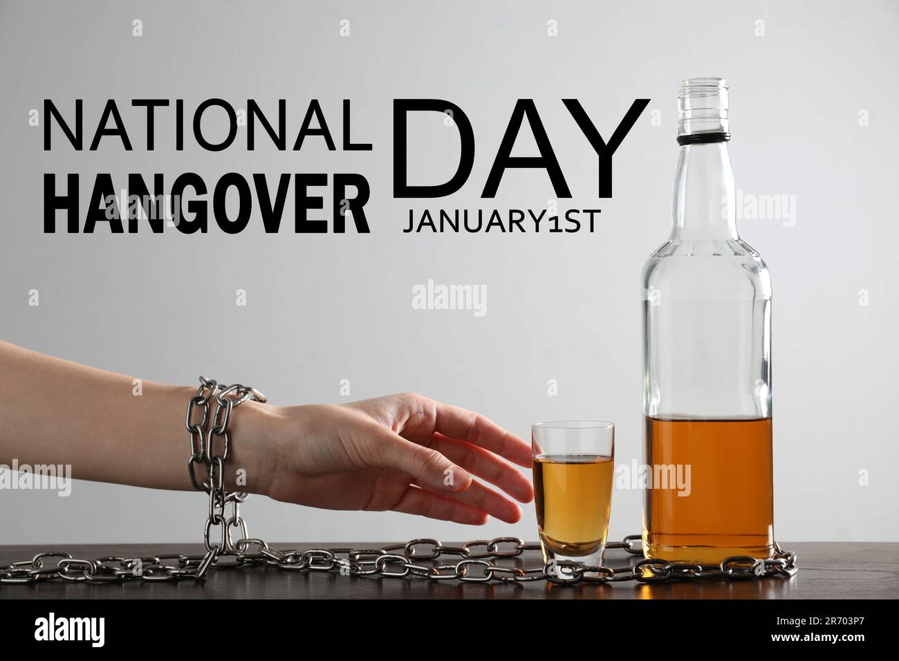 National hangover day - January 1st. Woman with chains reaching for ...
