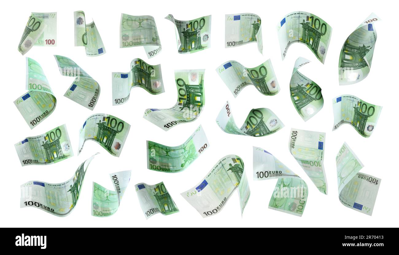 Many euro banknotes flying on white background Stock Photo - Alamy