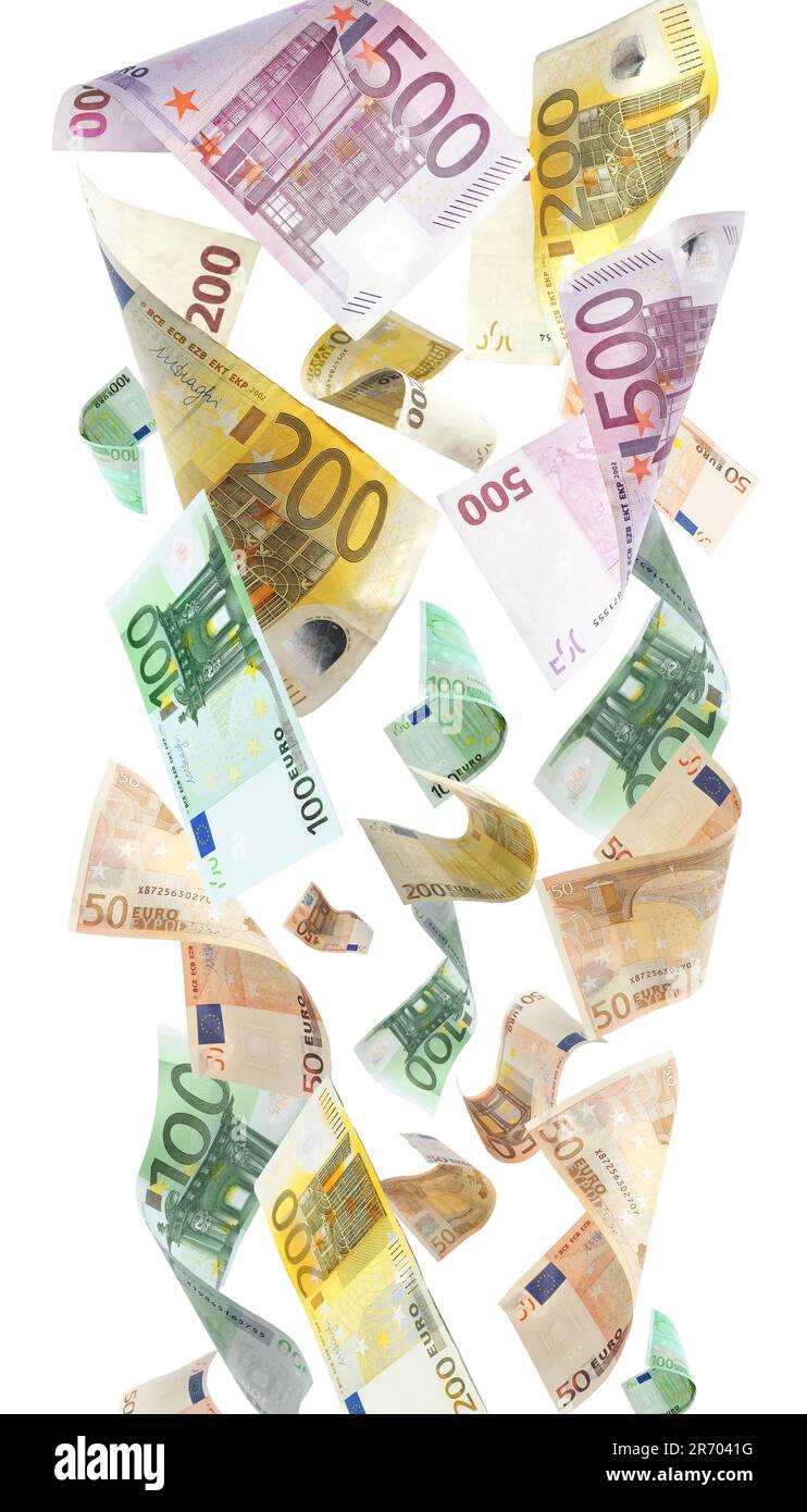 Many euro banknotes flying on white background Stock Photo - Alamy