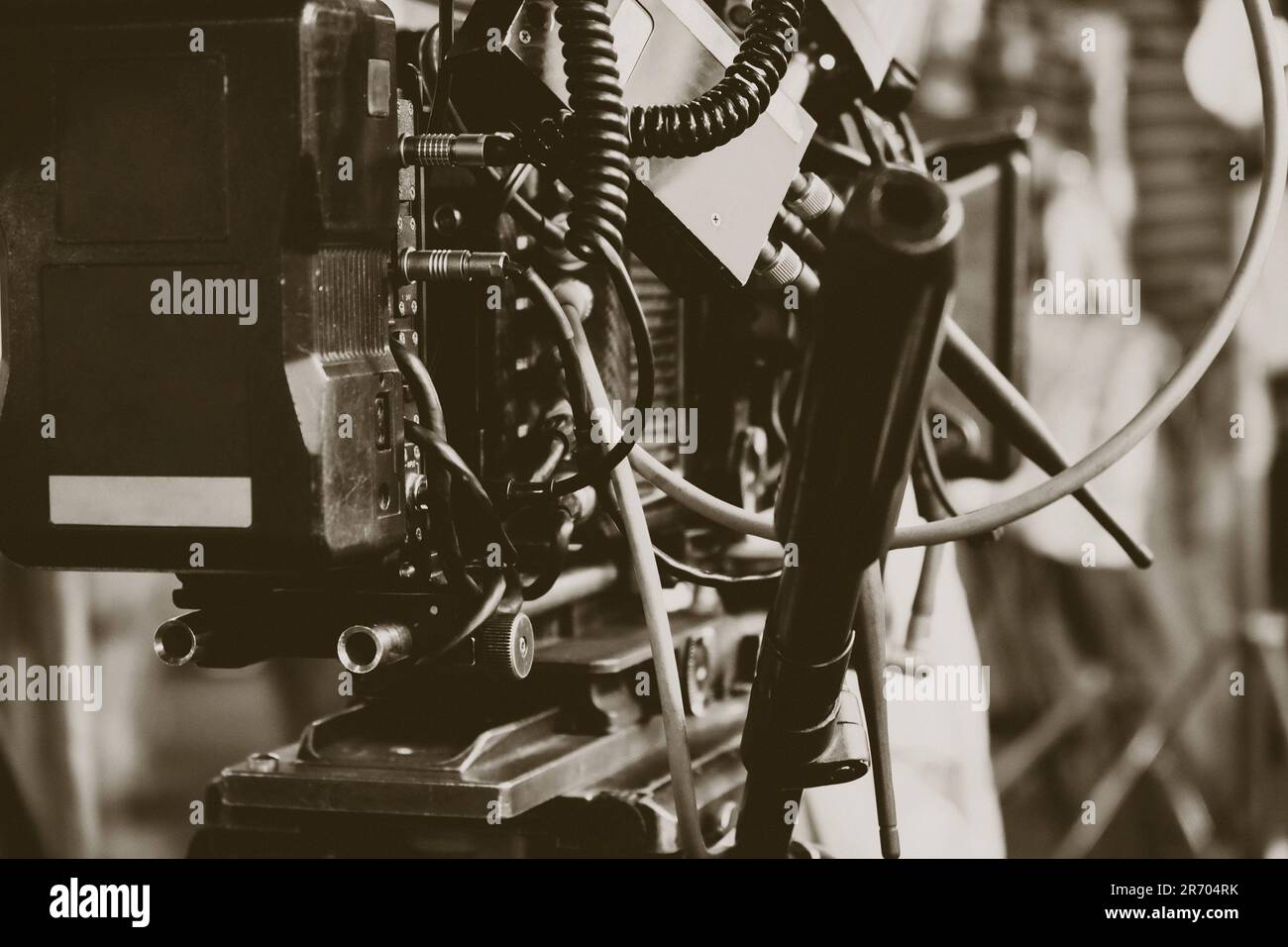 cinema video camera on tripod in film studio. Filmmaking equipment ...