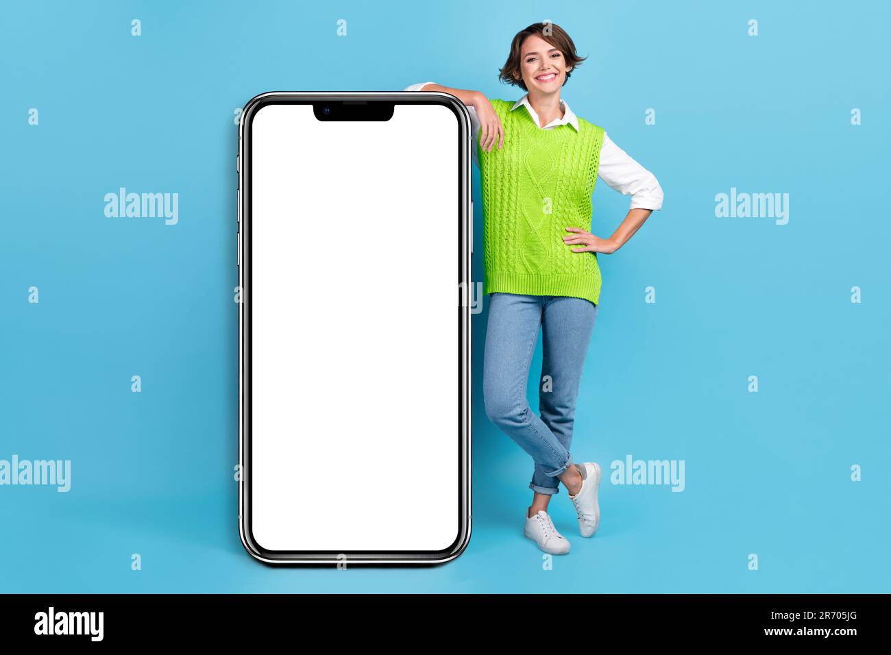 Full size photo of positive good mood cute girl with brown hairdo wear ...