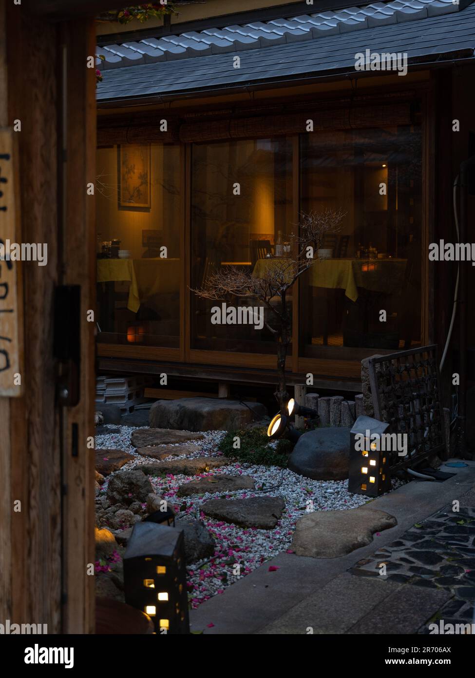 A beautiful entrance to a cafe in Kyoto with zen garden rocks Stock ...