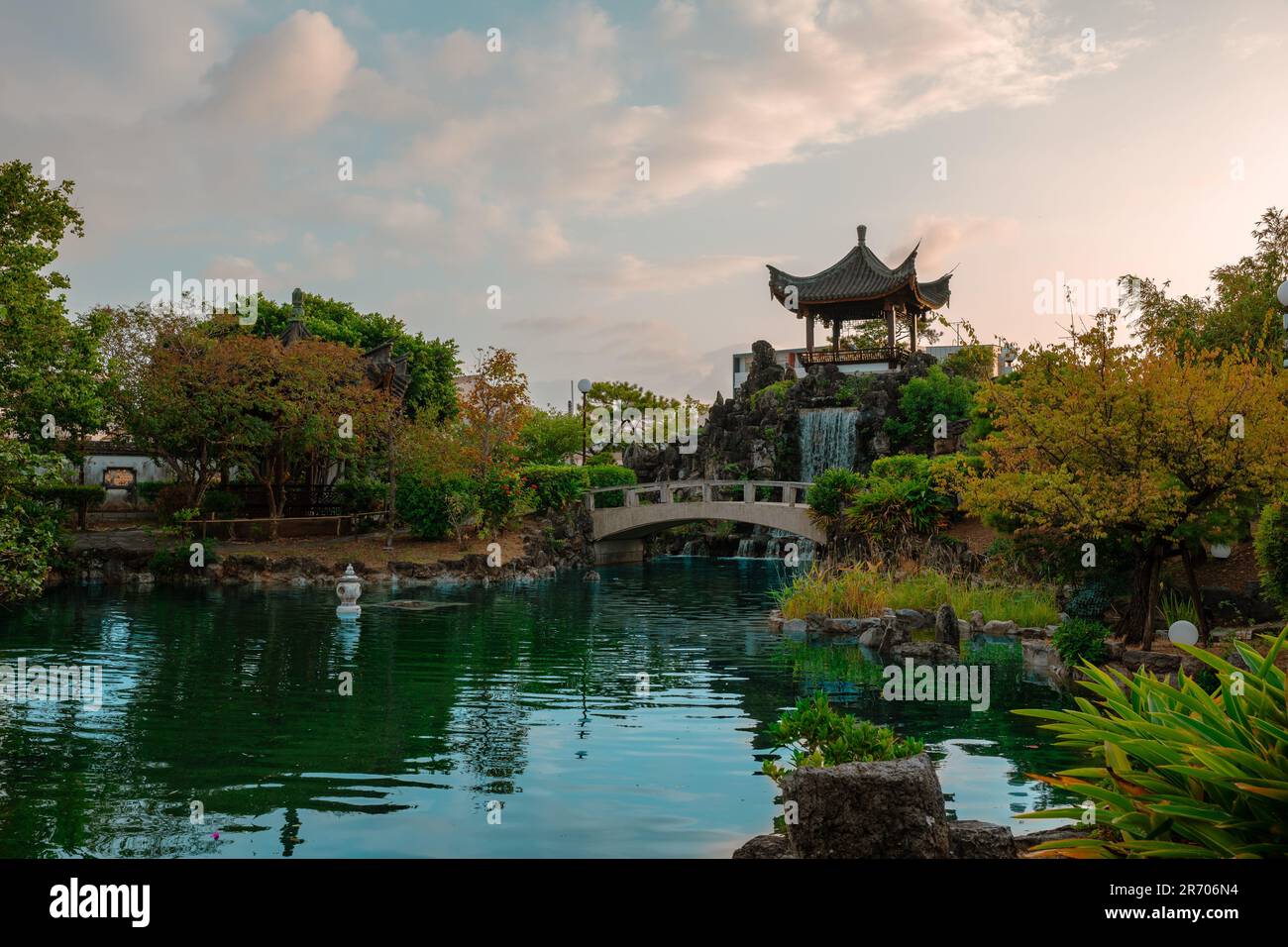 A stunning Japanese pagoda situated in the Fukushuen Garden in Naha ...
