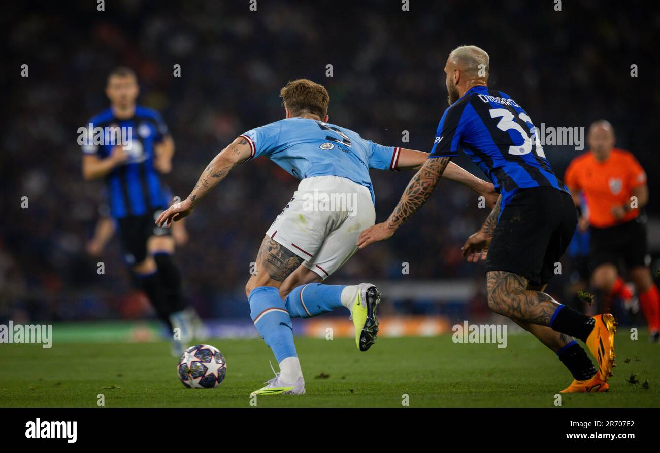Istanbul, Turkey. 10th Jun 2023. John Stones (City) Federico Dimarco (Inter) Manchester City ...