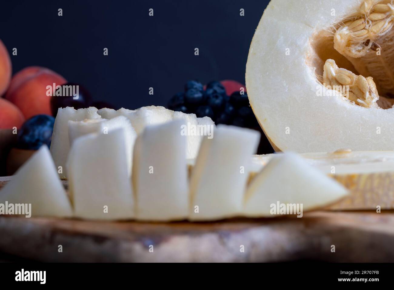 Ripe delicious melon during dessert cooking, light and juicy melon on a ...