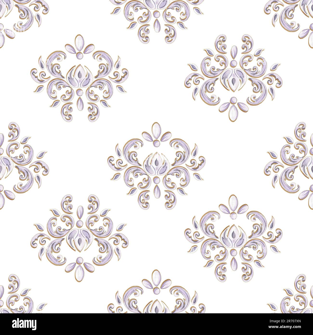 Hand-drawn watercolor illustration. Seamless damask pattern. Can be ...