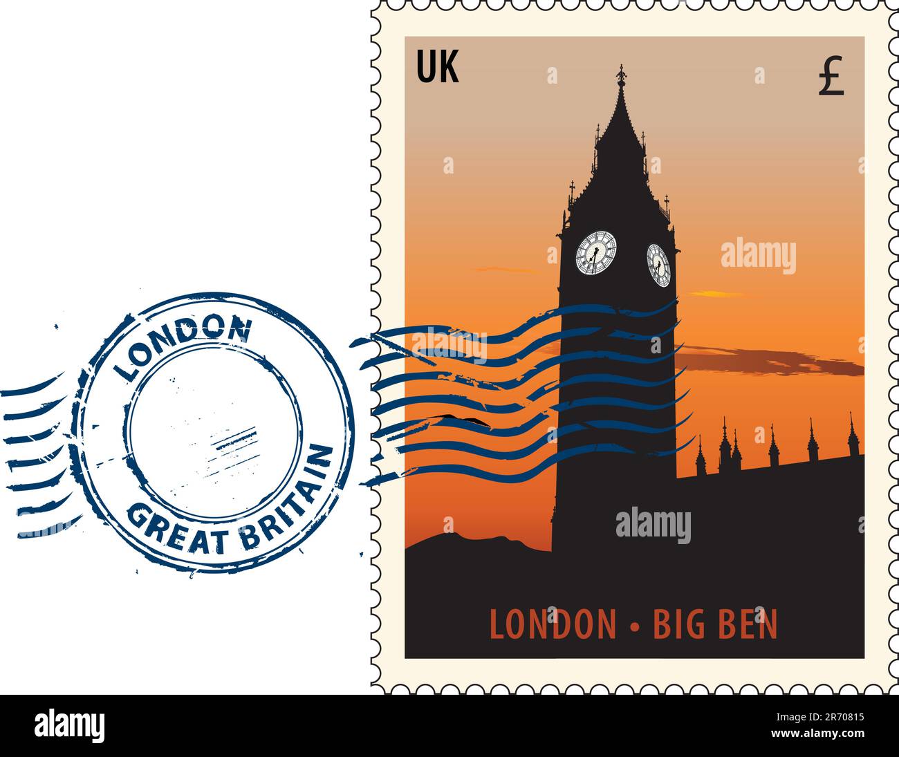 Postmark with night sight of London Big Ben tower Stock Vector Image ...