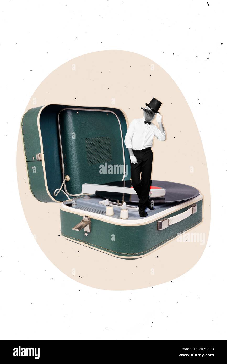 Creative design collage of headless surreal ostrich animal mask costume ...