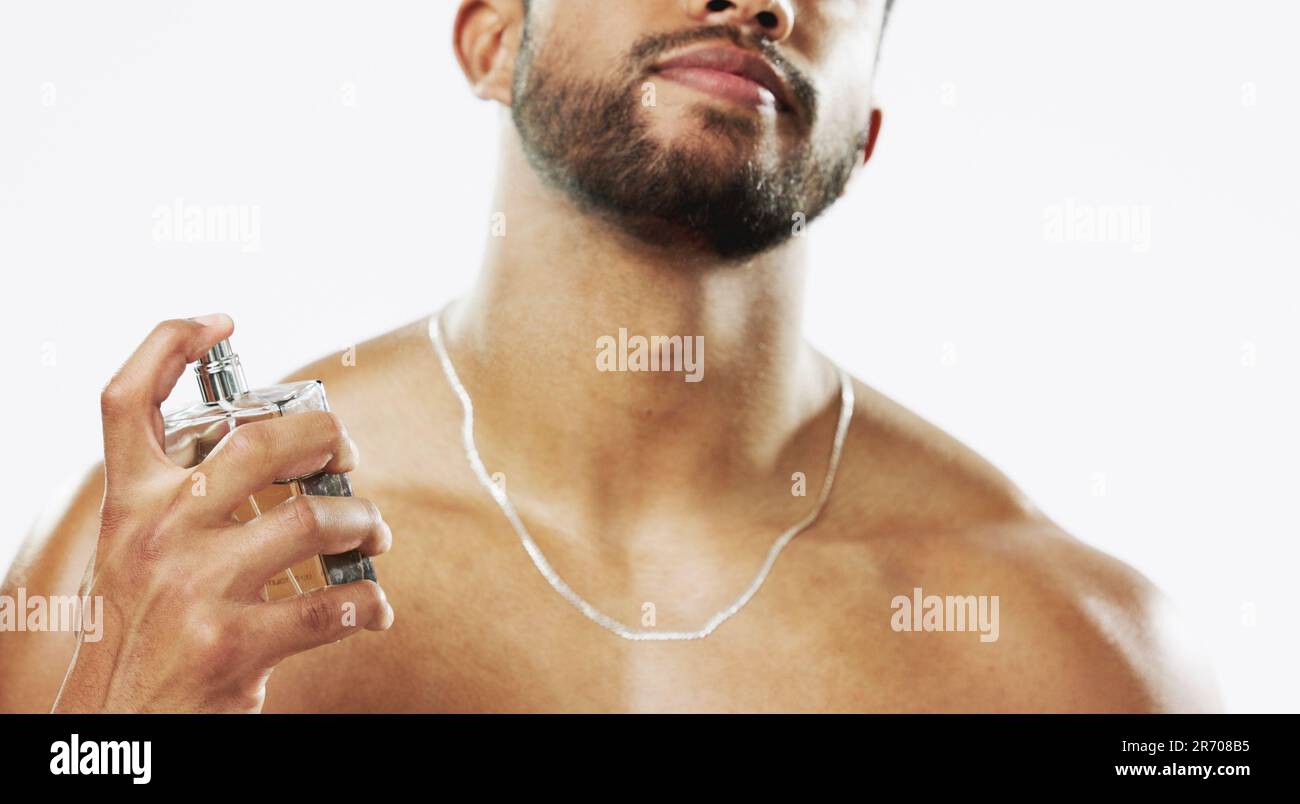 Beauty, cosmetics and man with cologne, fragrance and wellness against ...