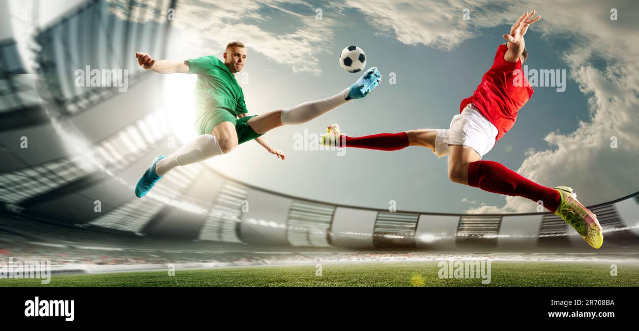 Bottom view of two football players in motions during game at 3D ...