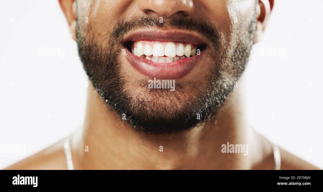 Dental, teeth and smile of Indian man in studio for beauty, cleaning ...