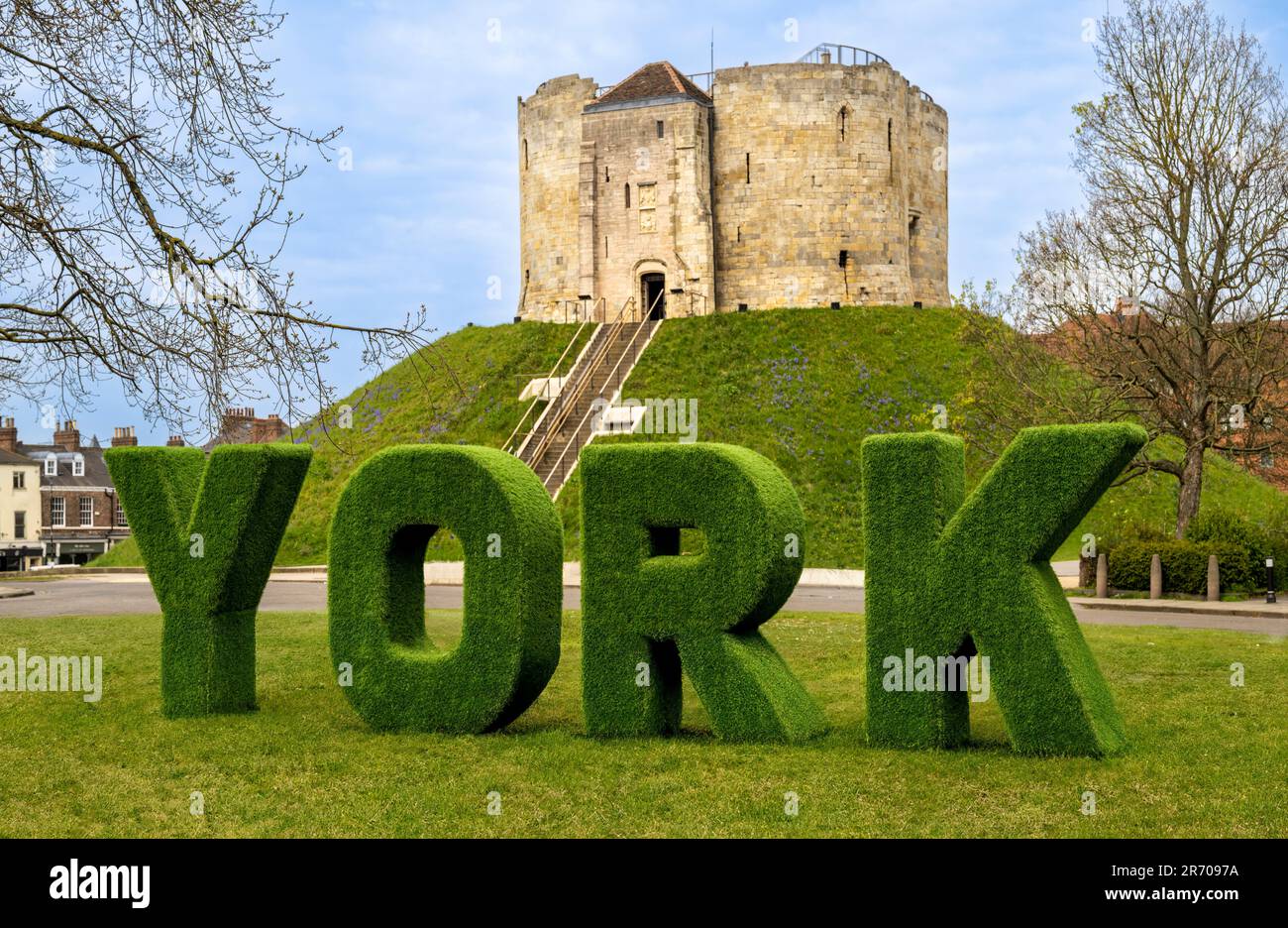 Clifford's Tower with large artificial grass letters spelling York in ...