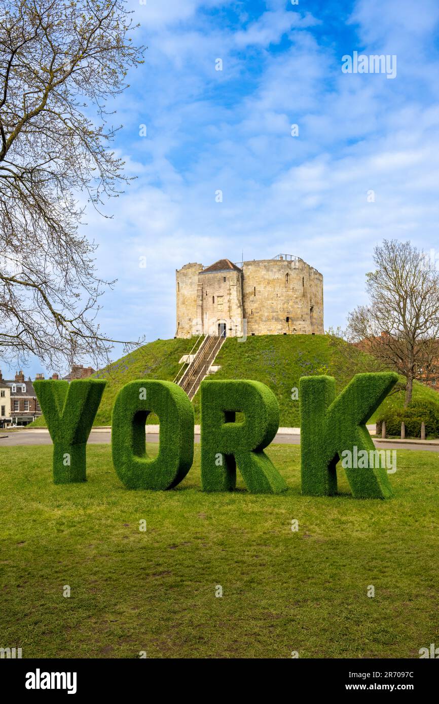 Clifford's Tower with large artificial grass letters spelling York in ...